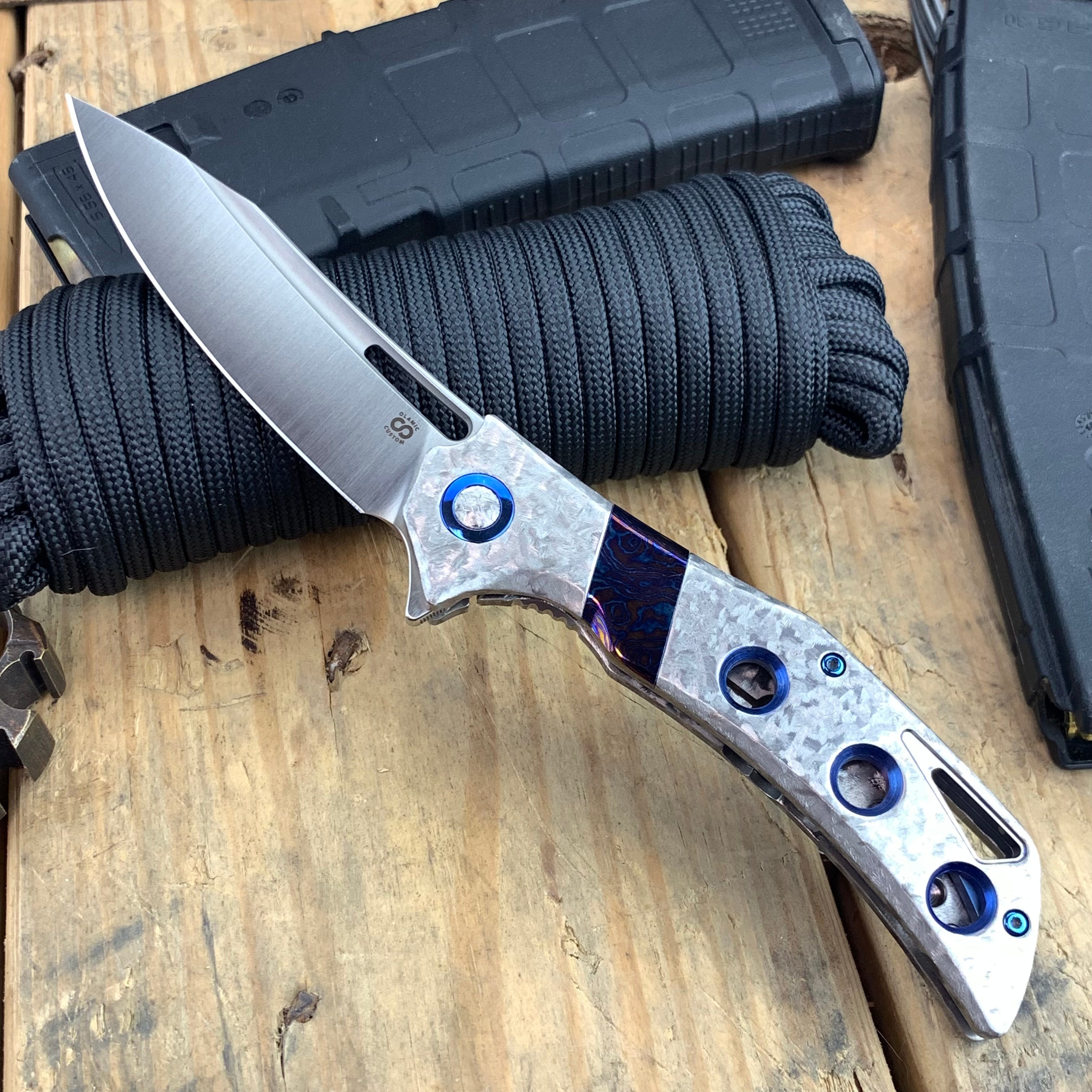 Olamic Cutlery Custom Swish Elmax Slicer Blade with Timascus Stripe In ...
