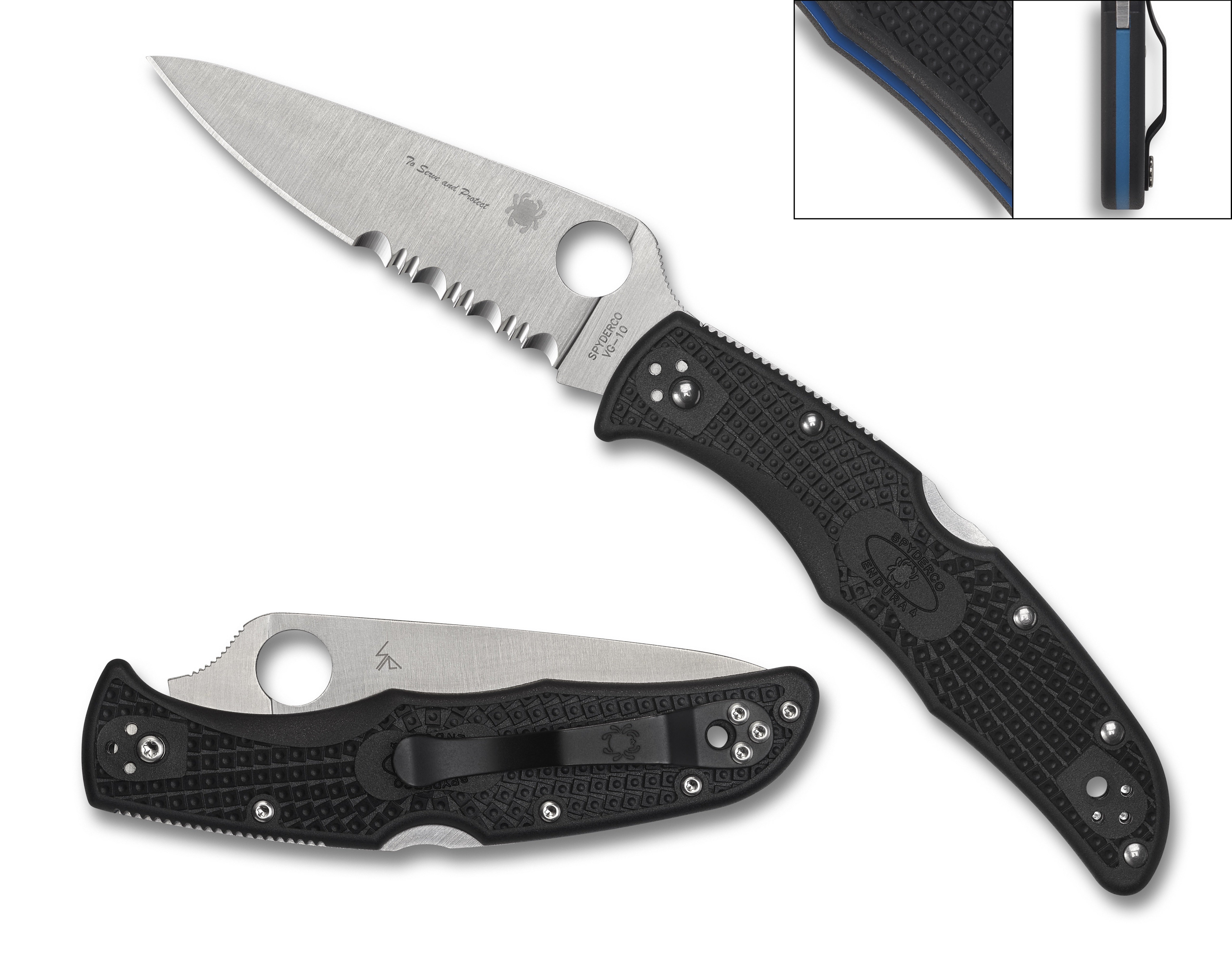 Spyderco C10FPSBKBL Endura 4 Lightweight Thin Blue Line Partial Serrat ...