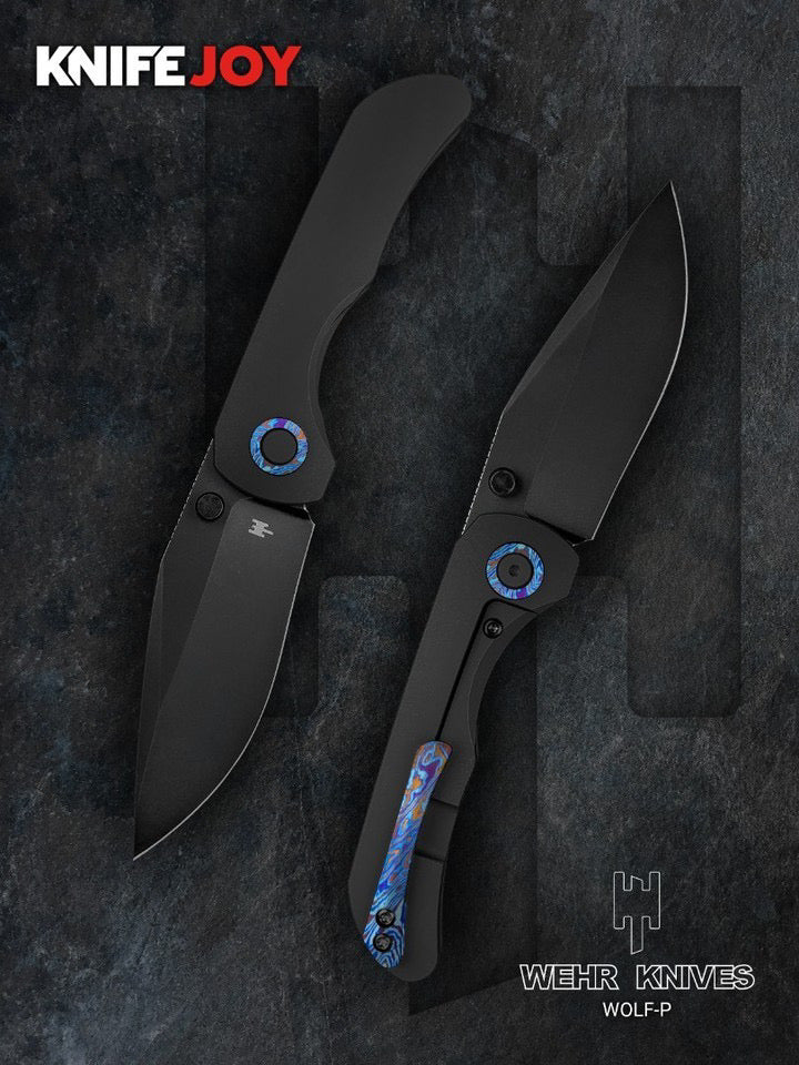 Wehr Knives Wolf-P Model Folder M390 Black Stonewash Blade with Black ...